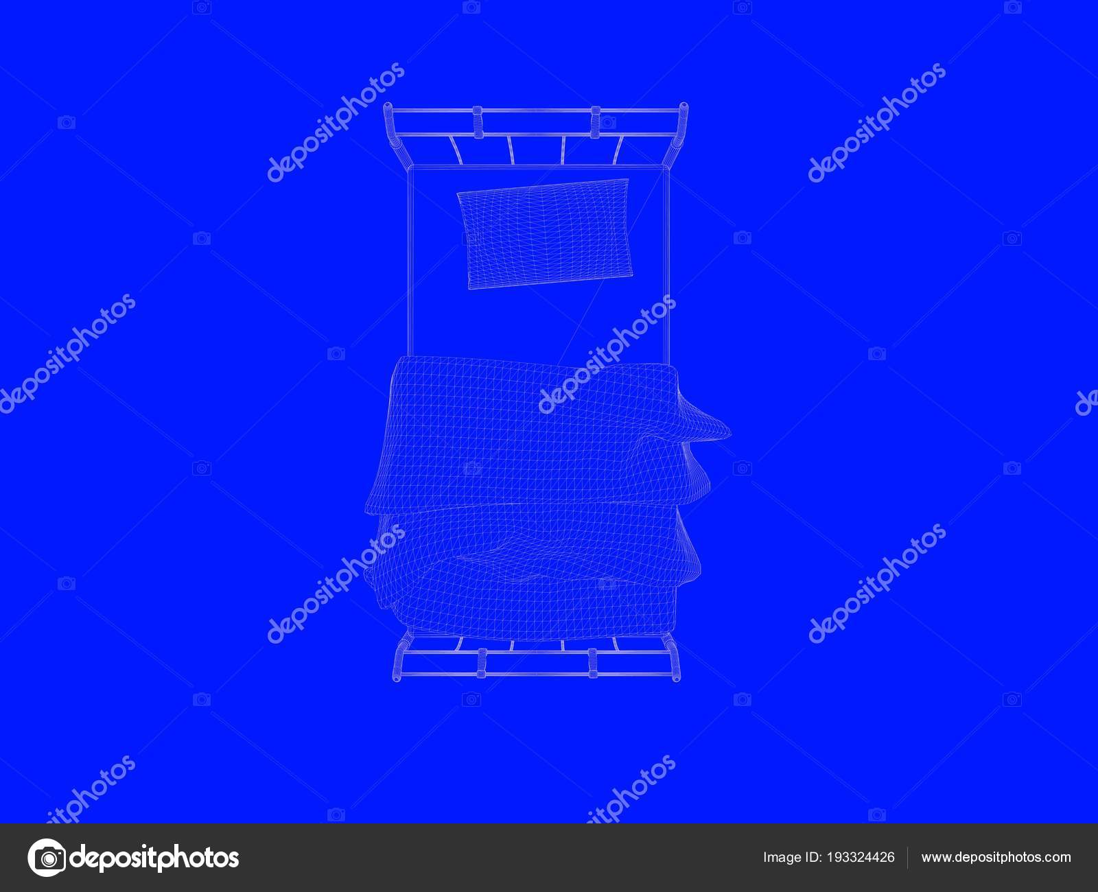 3d rendering of a bed blueprint as lines on a blue background — Stock ...