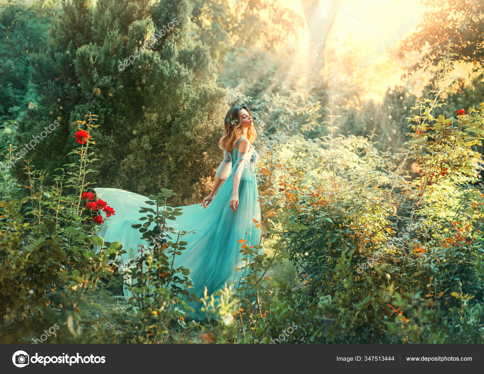 Fairytale nymph enjoy bright sun in green forest. Hairstyle decorated ...