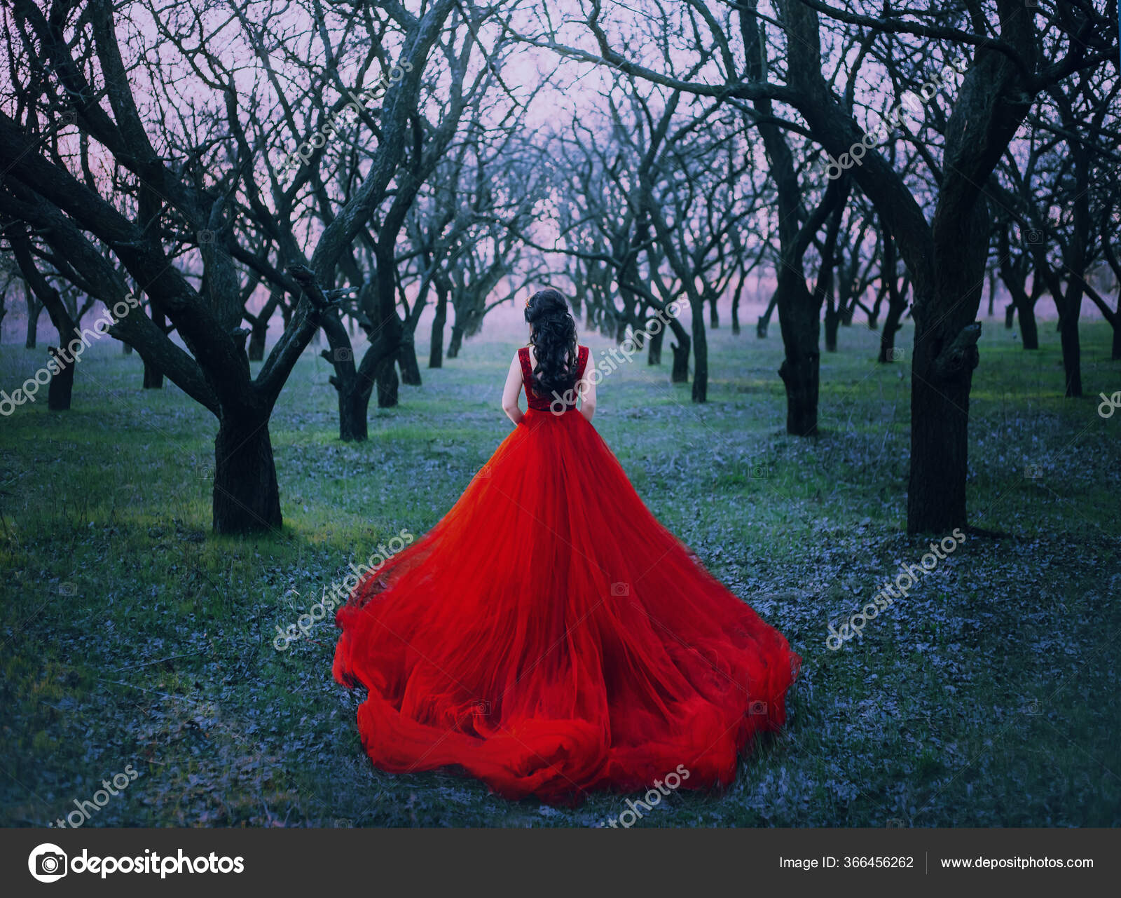 Woman princess walk enjoy autumn forest nature back view. Lady Witch ...