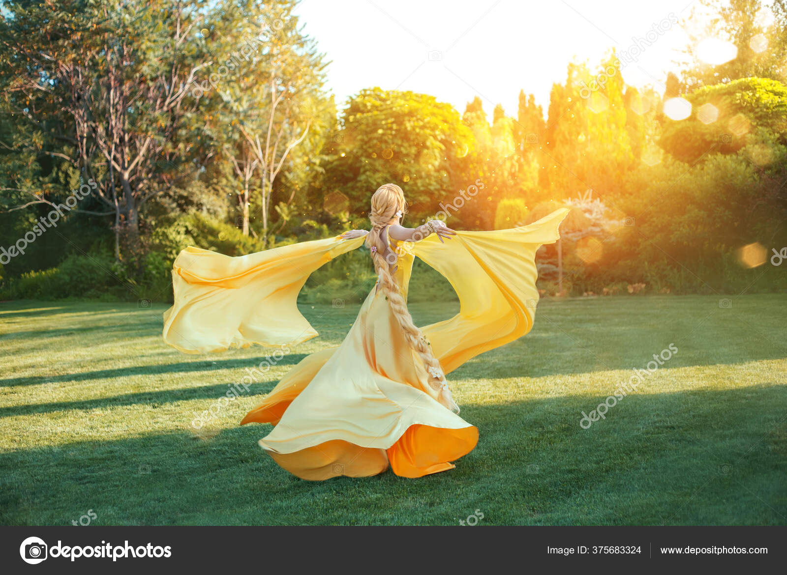 Bright divine sun light. Art Fantasy happy woman dancing spinning hand ...