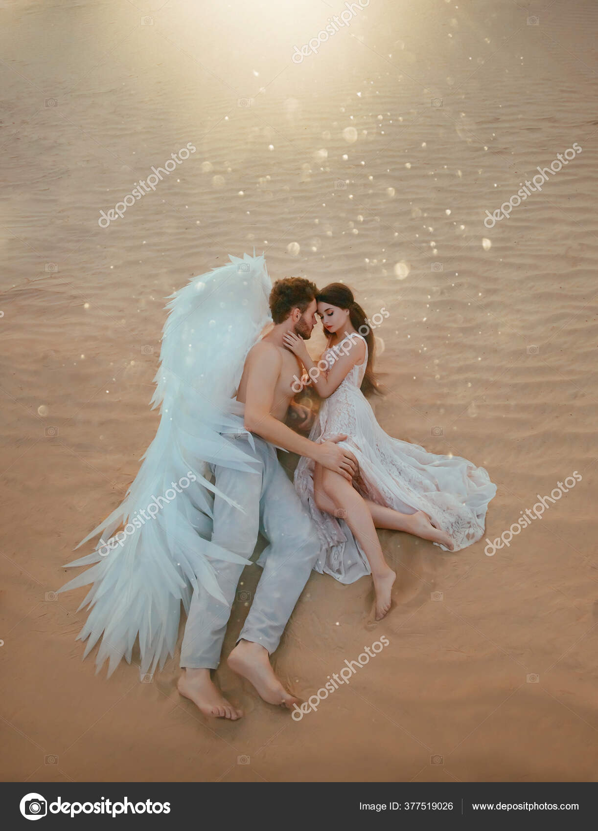 Artwork Men guardian angel protects and hugs, embrace young woman ...