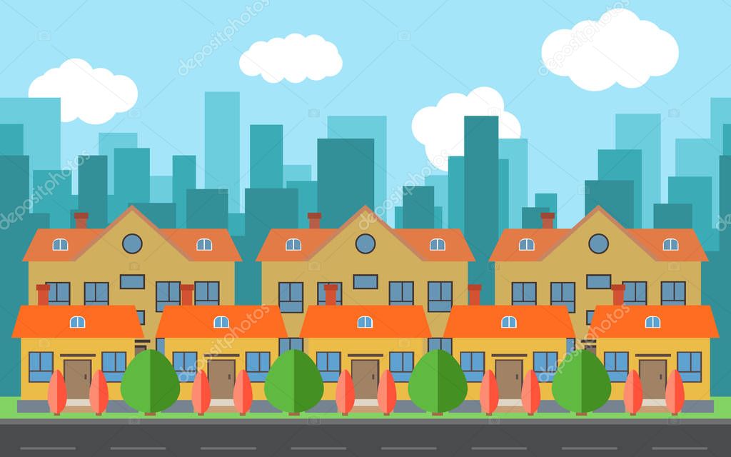 Ciudad vectorial con casas de dibujos animados y edificios. Espacio de ...