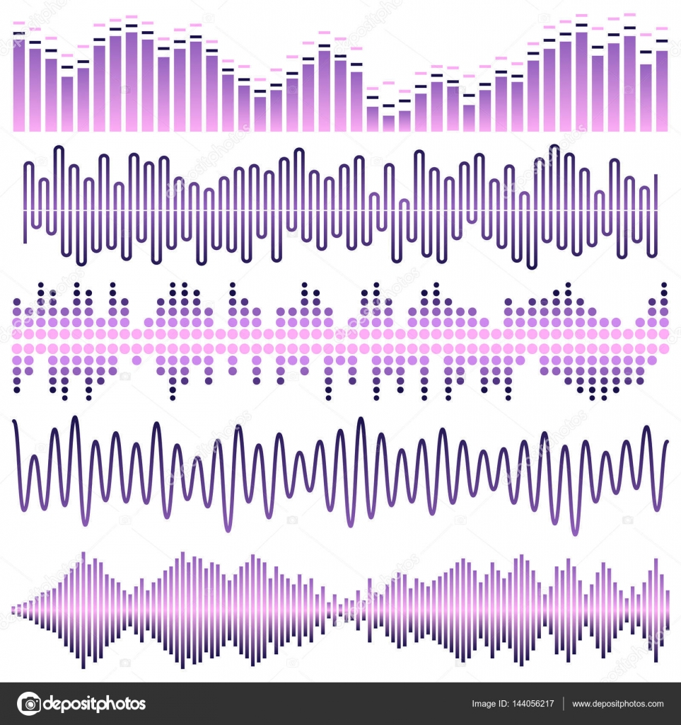 Vektor set gelombang suara ungu. Kesetaraan Audio. Gelombang suara ...