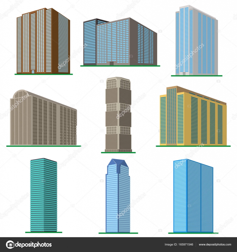 Set of nine modern high-rise building on a white background Stock ...
