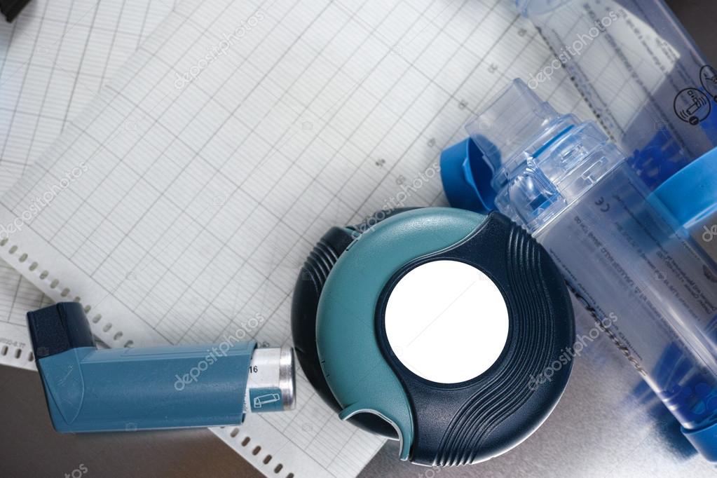 Asthma relief concept, salbutamol inhalers, medication and paper Stock ...