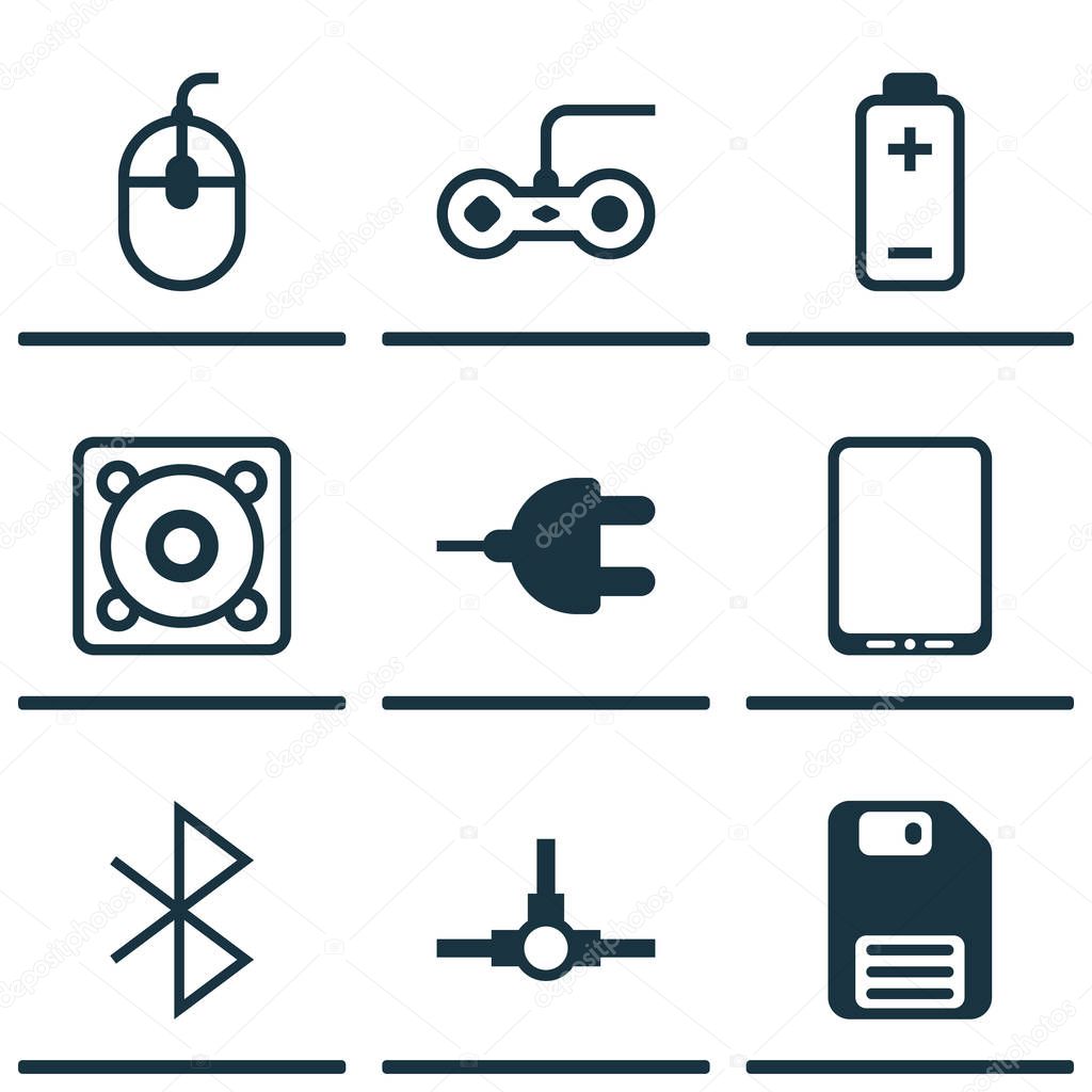 Conjunto de 9 iconos de hardware informático. Incluye conector, música ...