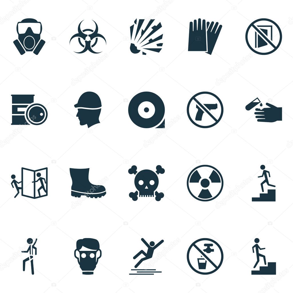 Safety icons set with chemical storage, no weapon, latex and other ...