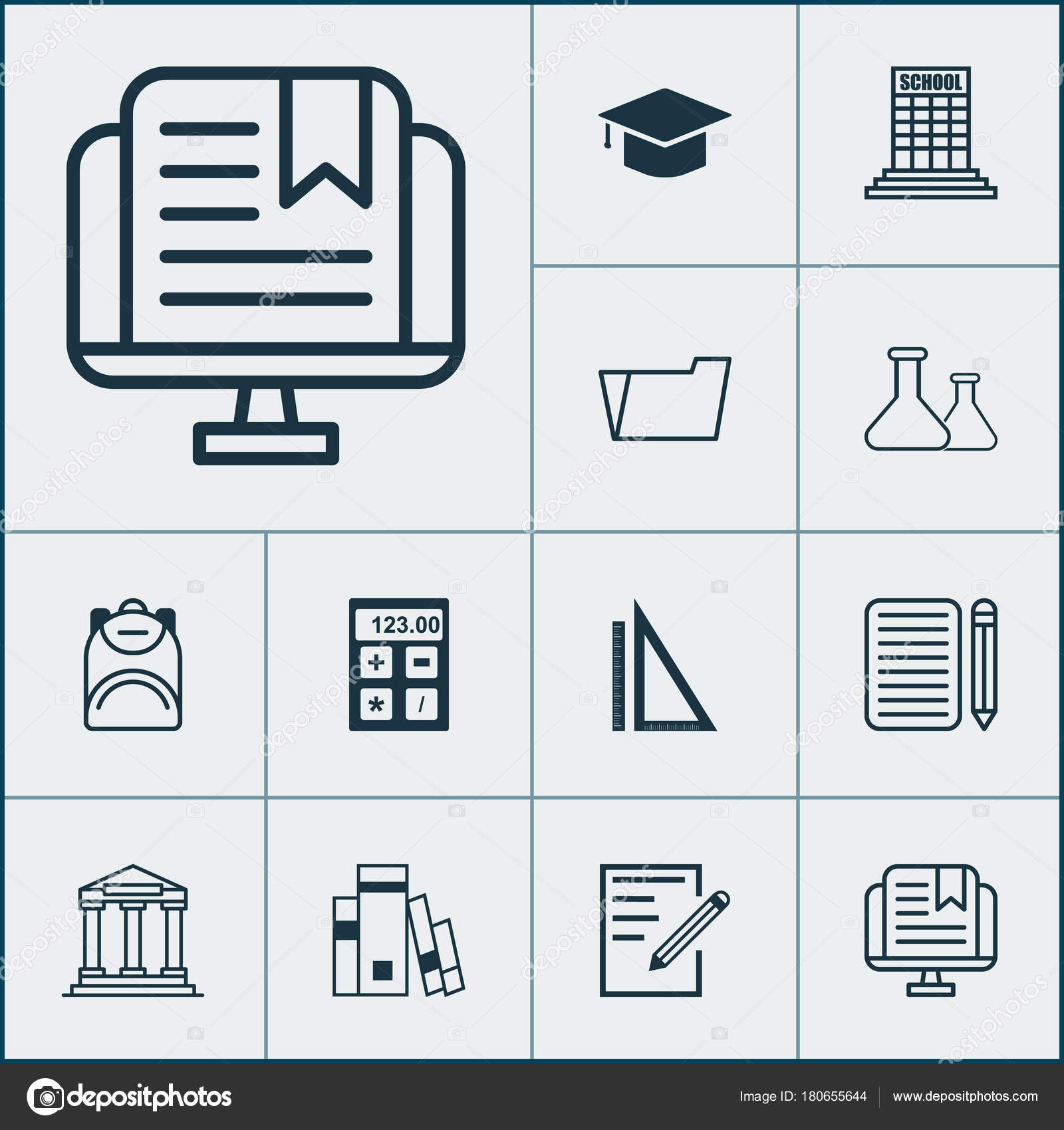 School icons set with home work, electronic tool, graduation and other ...