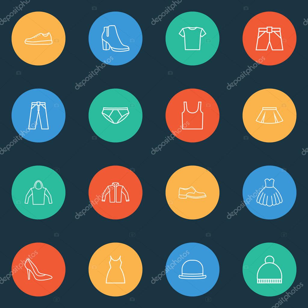 Conjunto de iconos de la línea de ropa con zapatos de goma, vestido ...