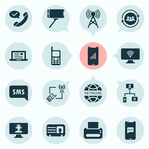 Communication icons set with team communication, selfie stick, printer ...