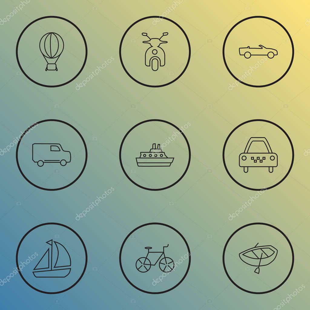 Iconos de transporte conjunto de estilo de l nea con cabriolet, scooter, barco y otros elementos ...