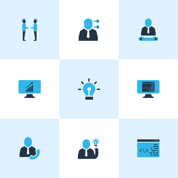 Team icons colored set with idea, call employee, computer analytics and ...