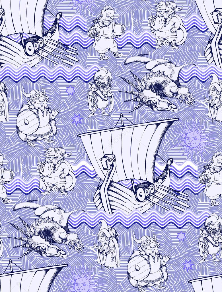 Patr n sin costuras. Vi edos y naves. Ilustraci n vectorial. Adecuado para tela, mural, fondos ...