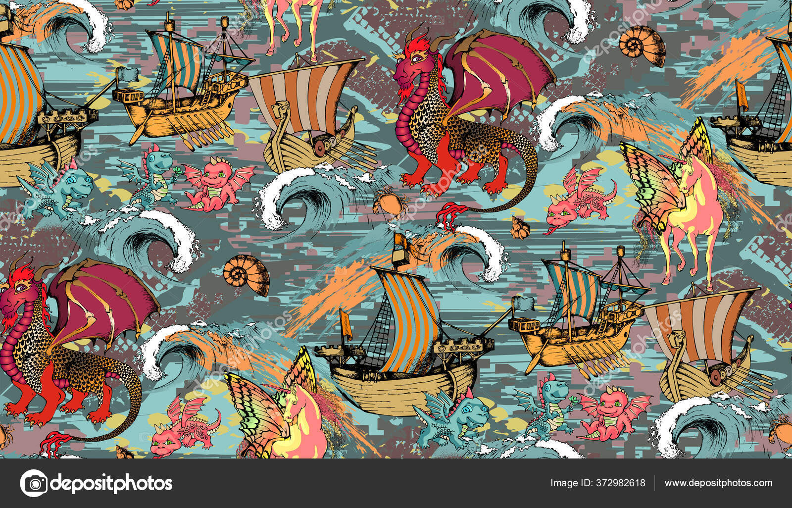 Seamless Patterns Dragon Nautical Theme Fish Octopuses Ancient Ships ...