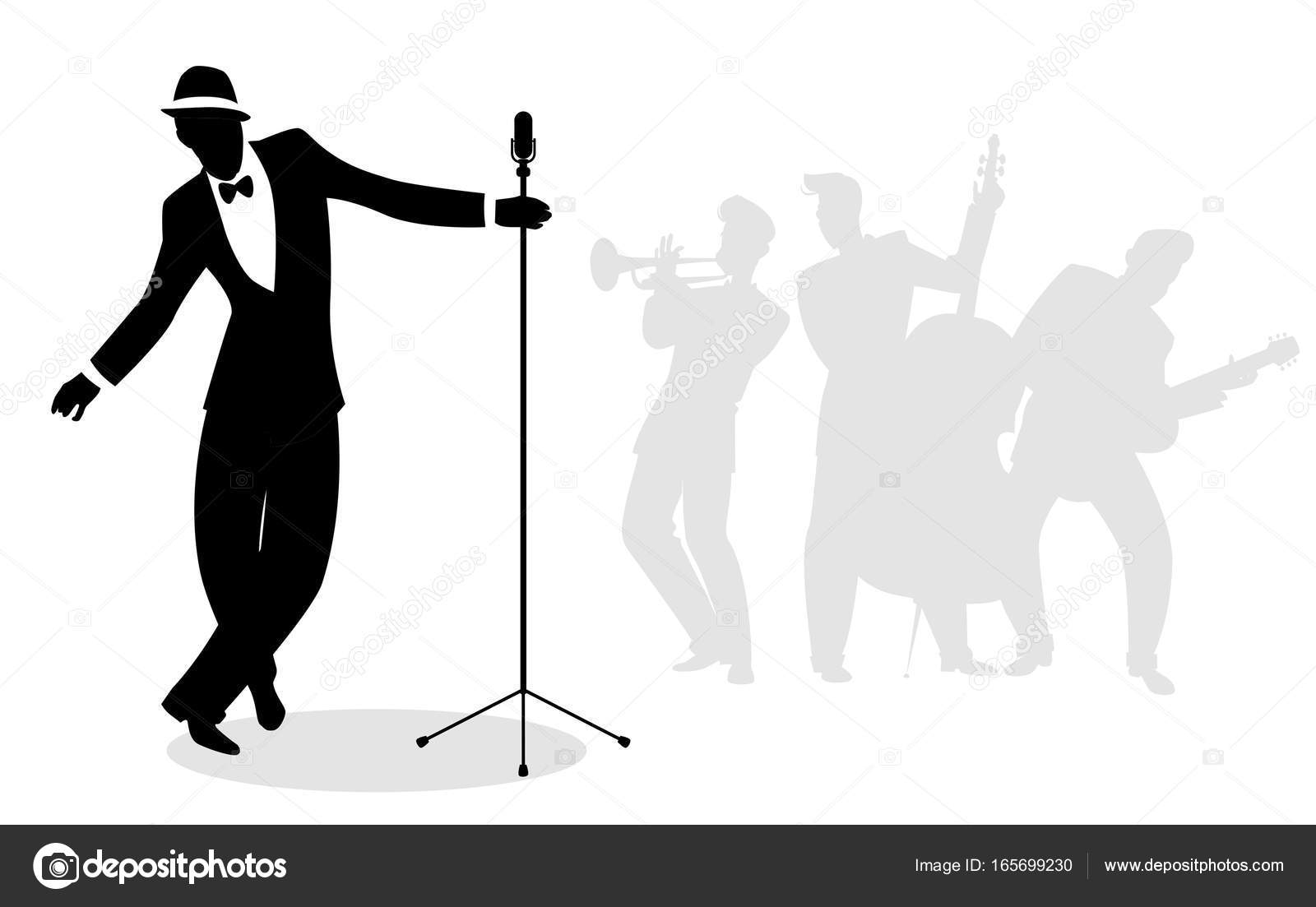 Retro singer 'crooner' silhouette with musicians in the background ...