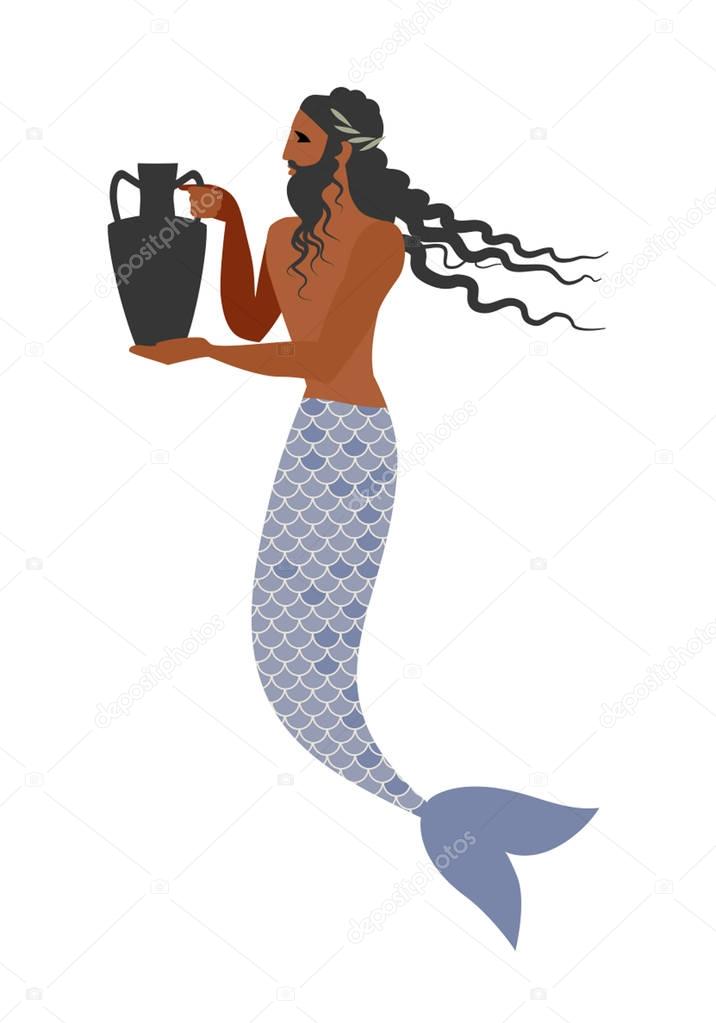 Hombre de la antigua Grecia con cola de pez llevando un ánfora. Tritón ...