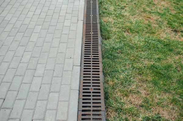 Iron Drainage System Closeup Iron Grille Asphalt Road Green Grass ...