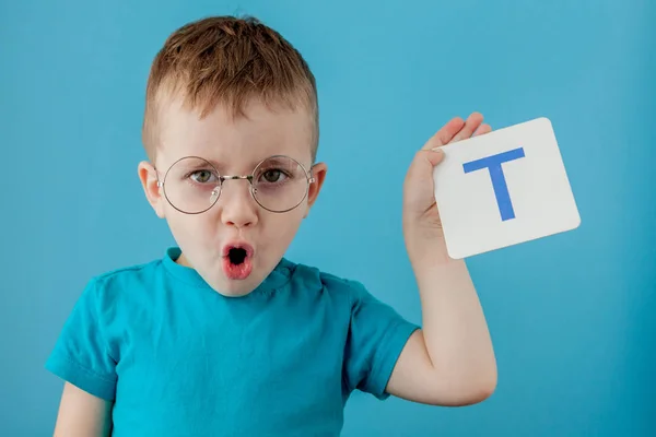 Cute Little Boy Letter Blue Background Child Learning Letters Alphabet ...