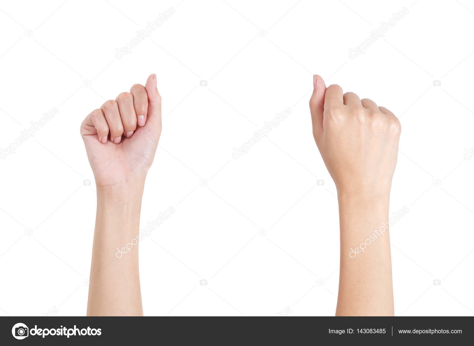 Woman's hands with fist gesture front and back side, Isolated on white ...