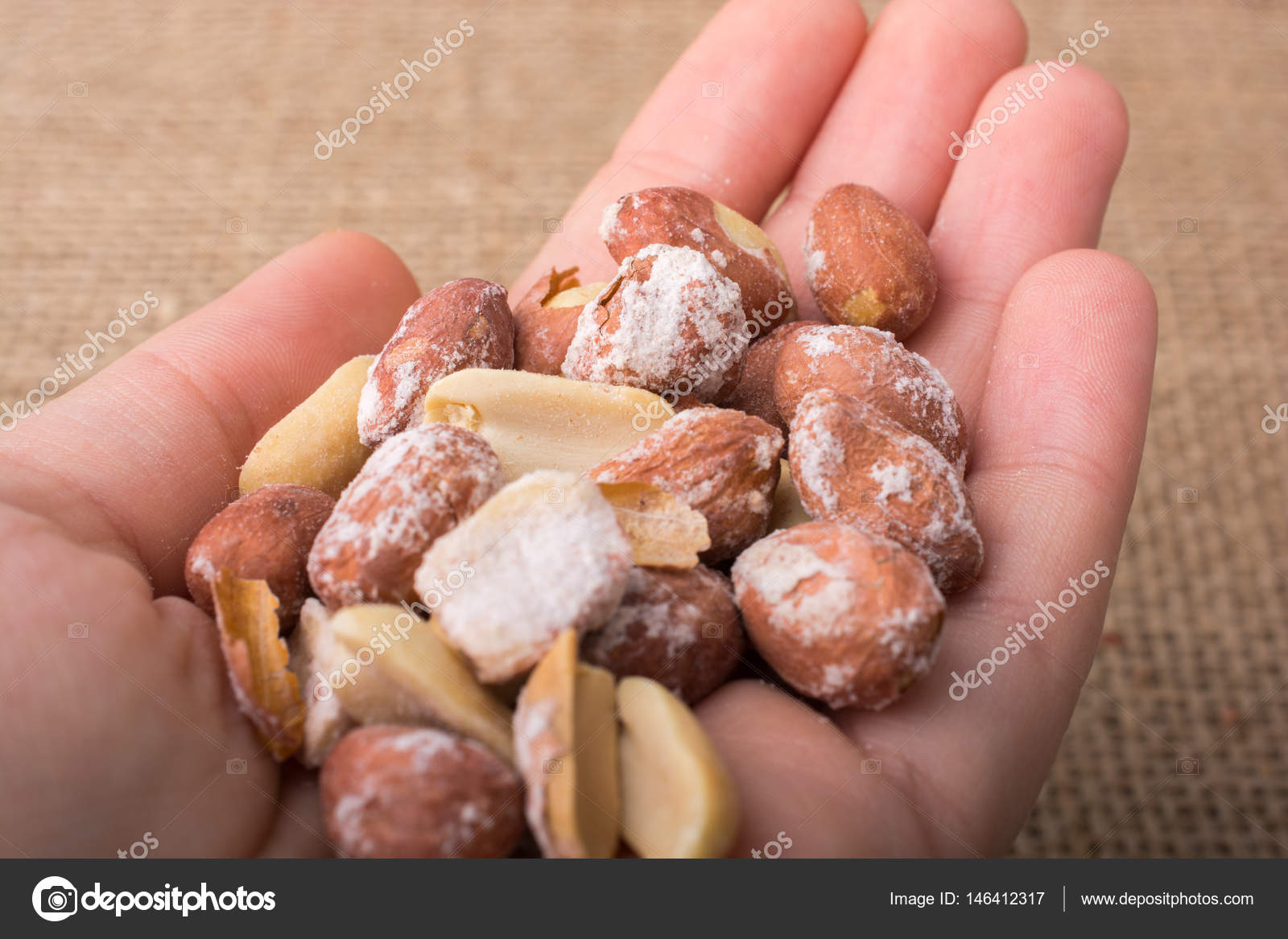 Cleared peanuts in hand and on canvas background Stock Photo by ...