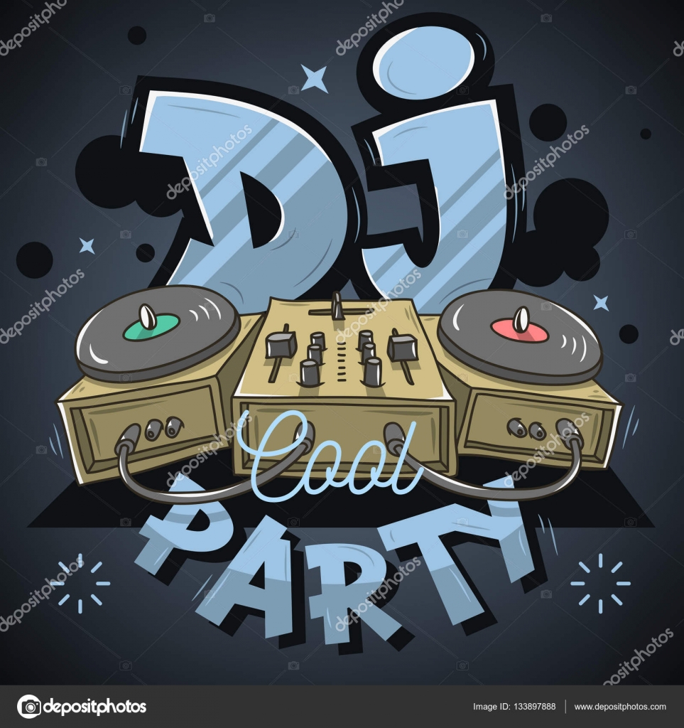Diseño fresco de la fiesta de Dj para el cartel del acontecimiento. Mezclador de sonido y ...
