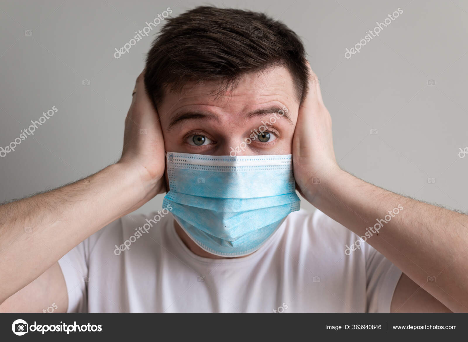 Scared Medical Mask Looks Camera Scared Man Fear Coronavirus Stands ...
