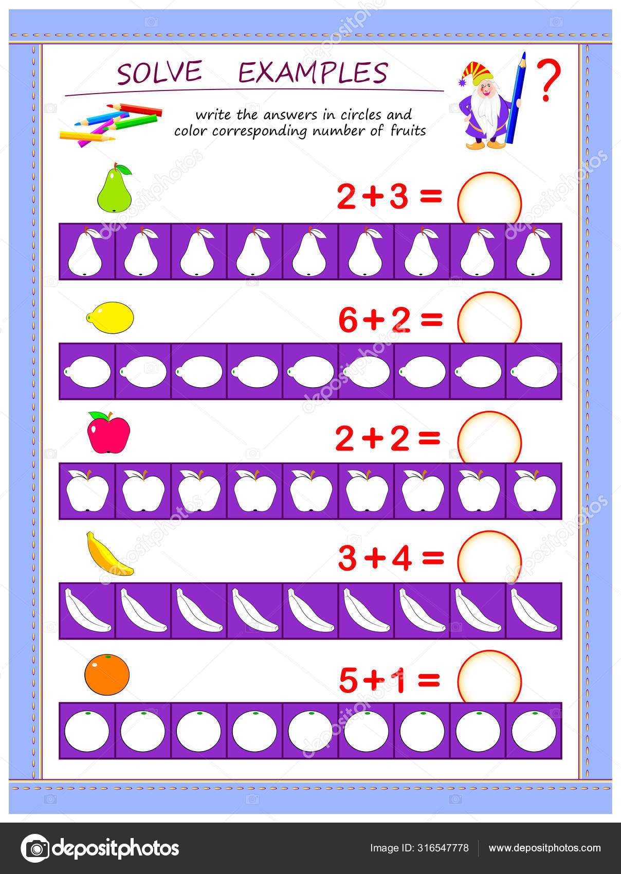 Educational Page Children Addition Solve Examples Write Answers Circles ...
