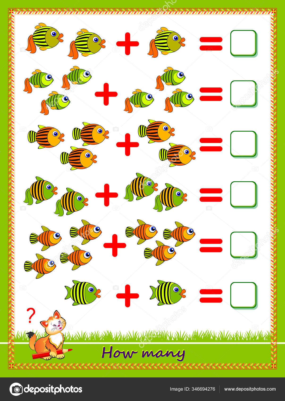 Educational Page Little Children Addition Solve Examples Count Quantity ...