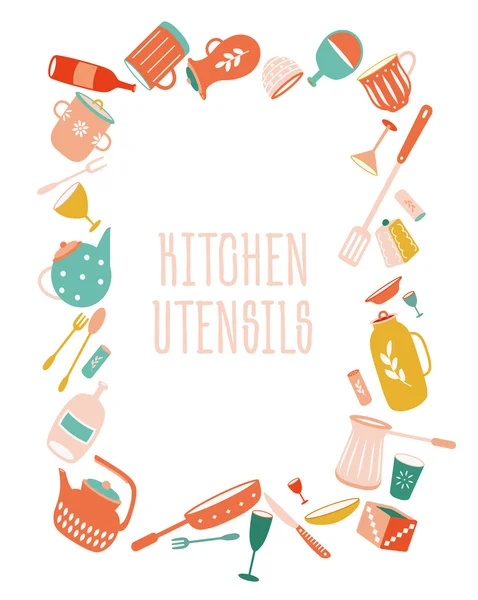 Border round flat ware. Kitchen utensils. Multi-colored poster ...
