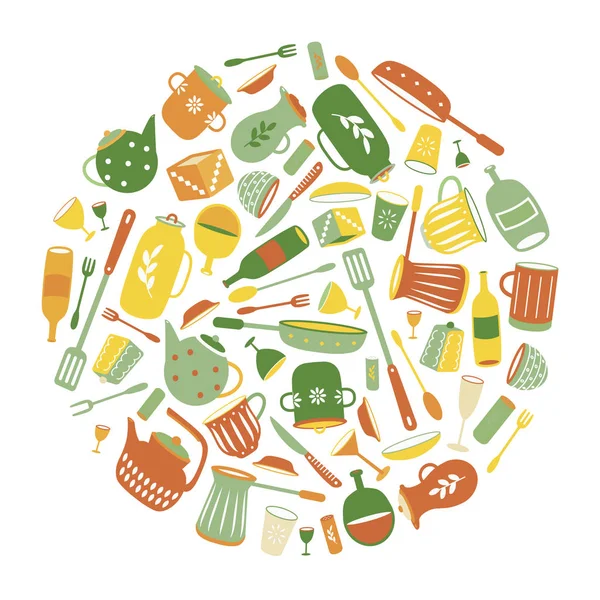 Border round flat ware. Kitchen utensils. Multi-colored poster ...
