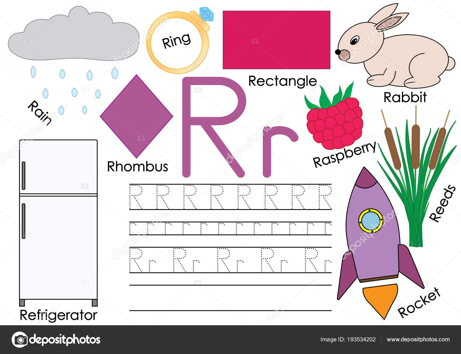 Carta R. Tarjeta con fotos y práctica de escritura para niños en edad ...