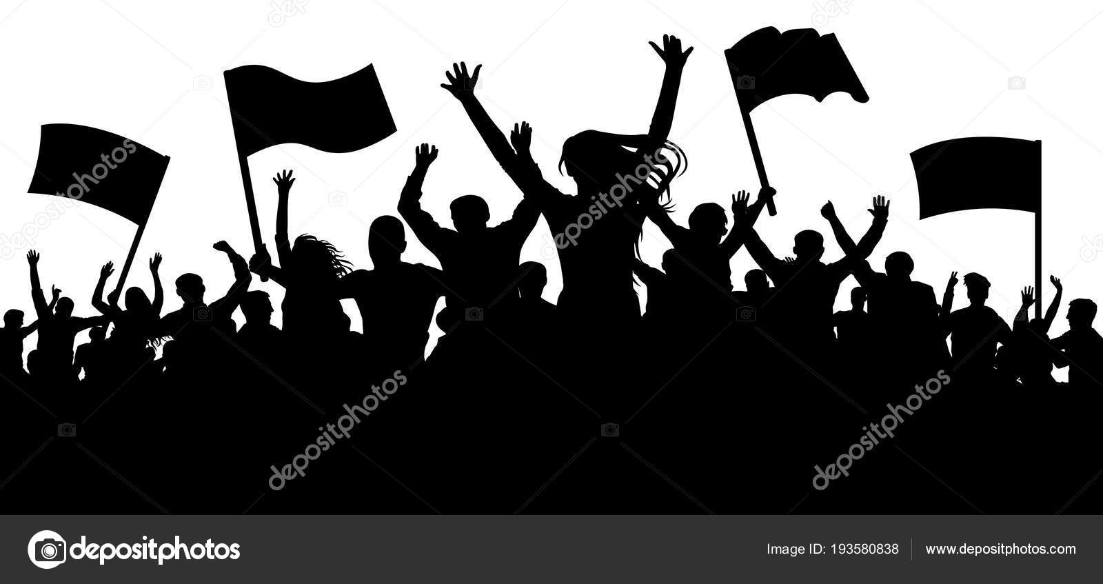 Crowd of people with flags, banners. Cheerful applause. Sports, mob ...