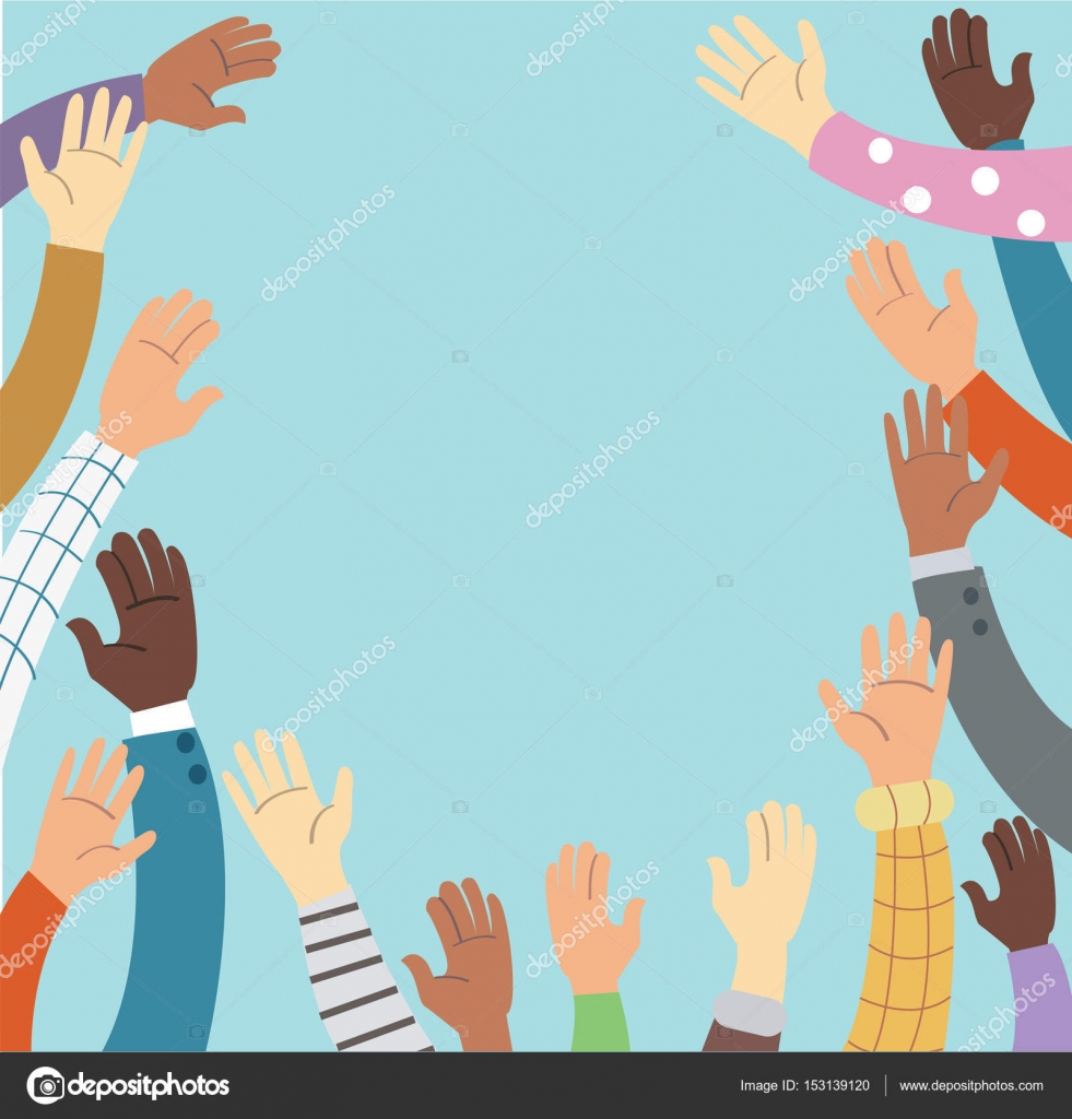 Raised hands volunteering and blue background vector concept Stock ...