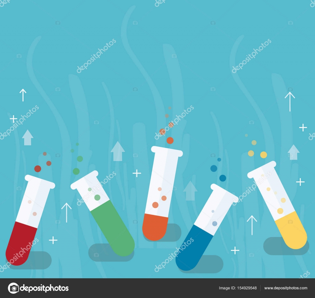 Colorful laboratory filled with a clear liquid and blue background ...