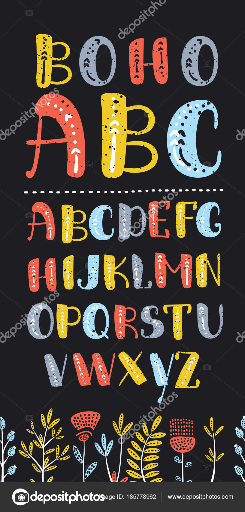 Hand drawn colorful alphabet, font, letters, numbers, feathers on white ...