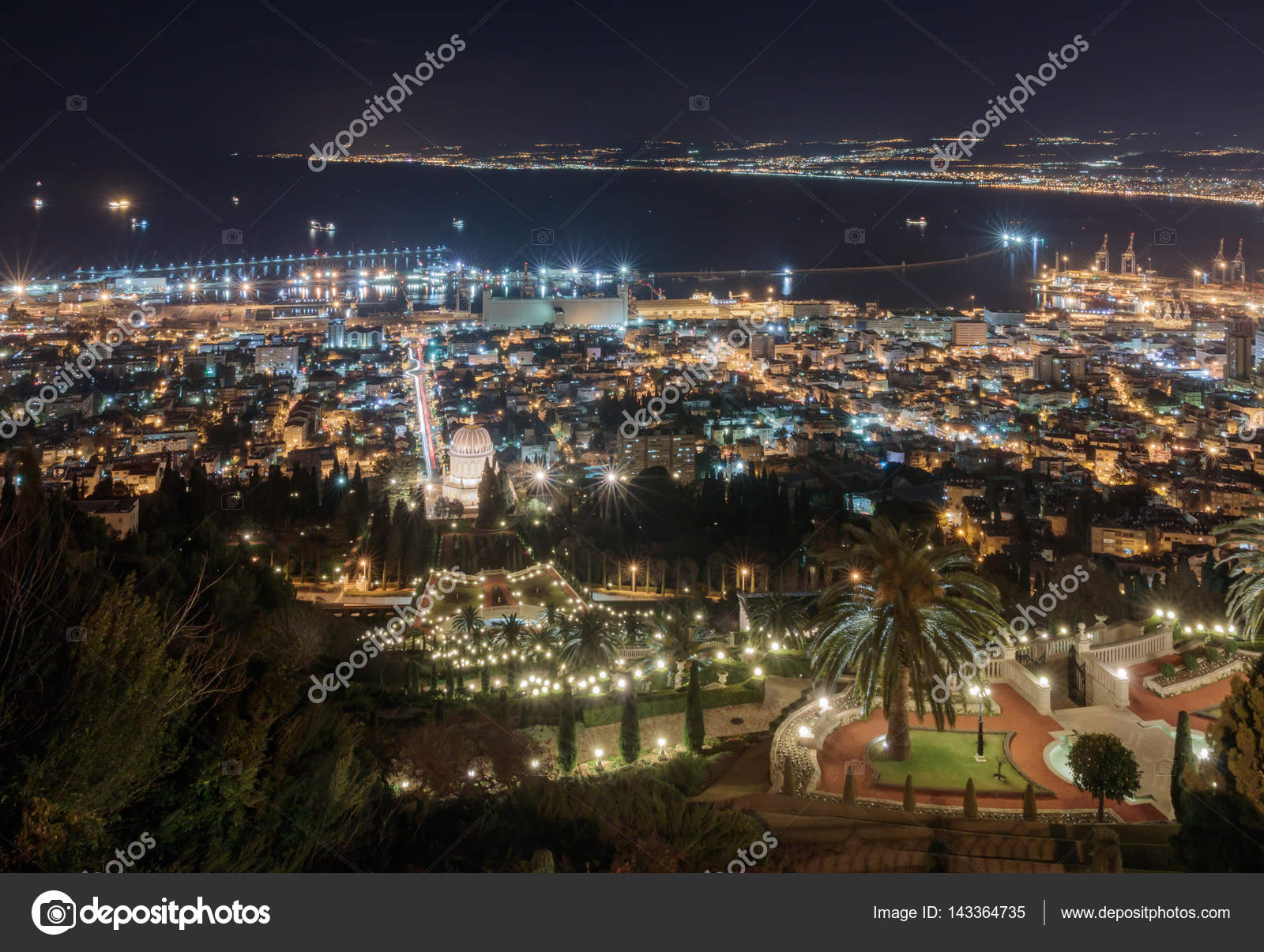View of downtown Haifa, Haifa harbor and bay at night Stock Photo by ...