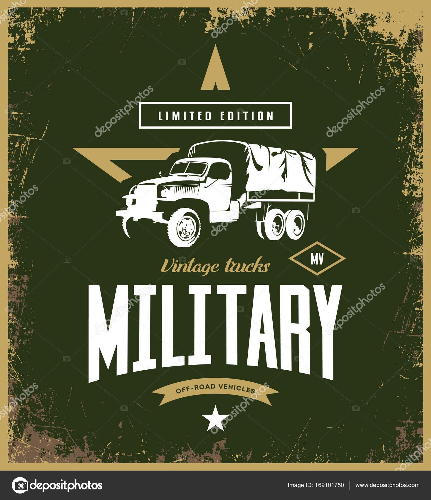 Vintage military truck vector logo isolated on khaki background. Stock ...