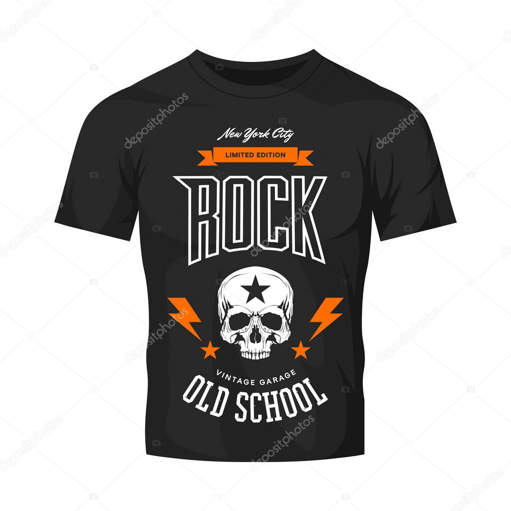 Logotipo de vector de roca vintage aislado en camiseta oscura maqueta ...