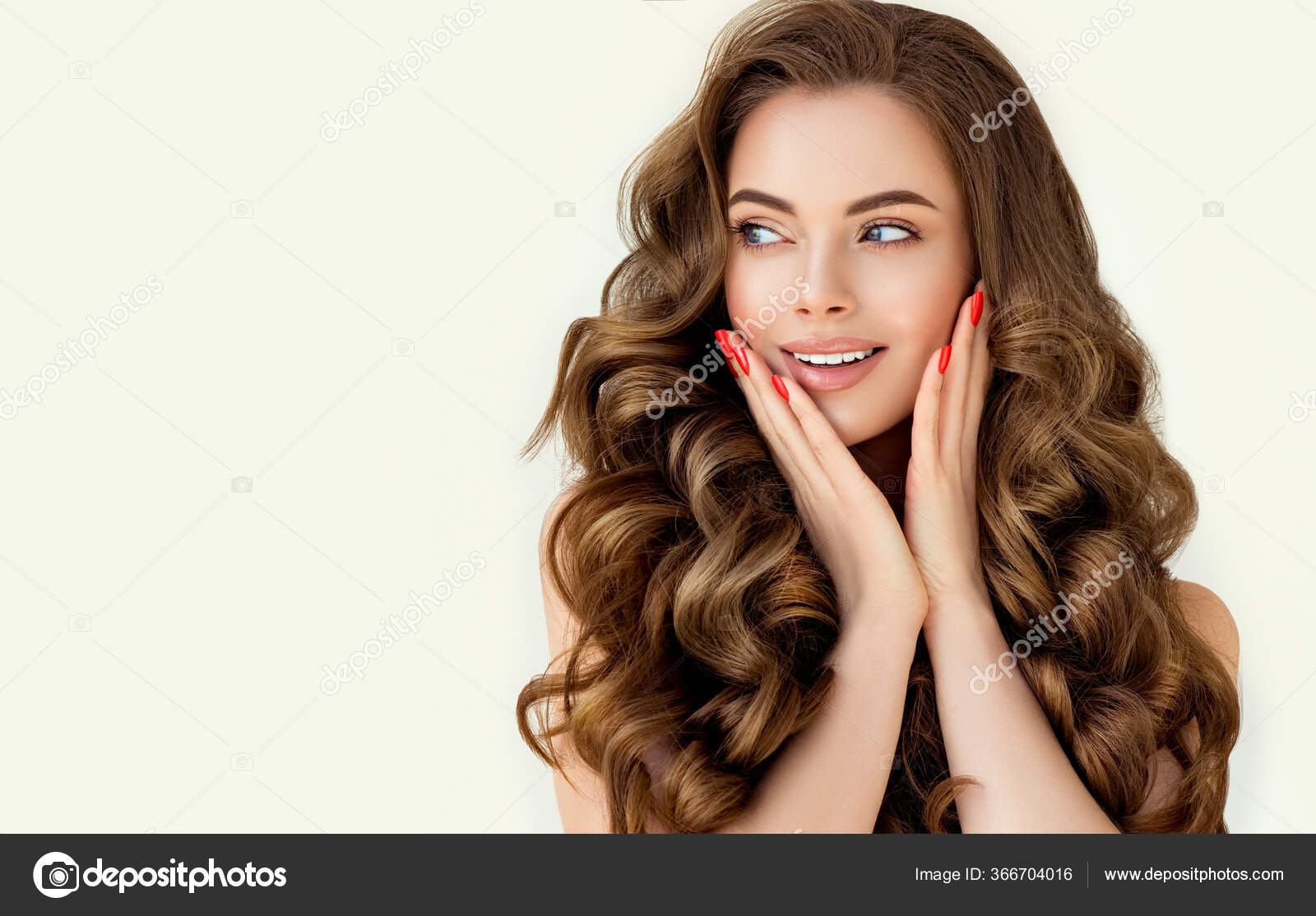 Beautiful Laughing Brunette Model Girl Long Curly Hair Smiling Woman