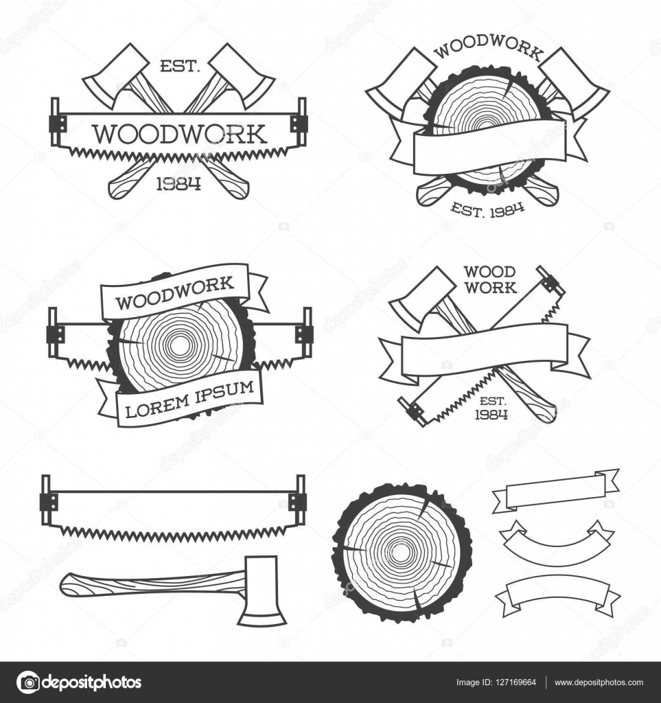 Woodwork label set with saw, ax and tree ring. Posters, stamps, banners ...
