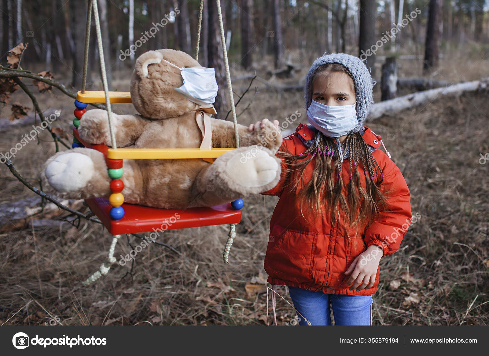 Cute Years Old Girl Red Coat Wearing Respirator Mask Her — Stock Photo ...