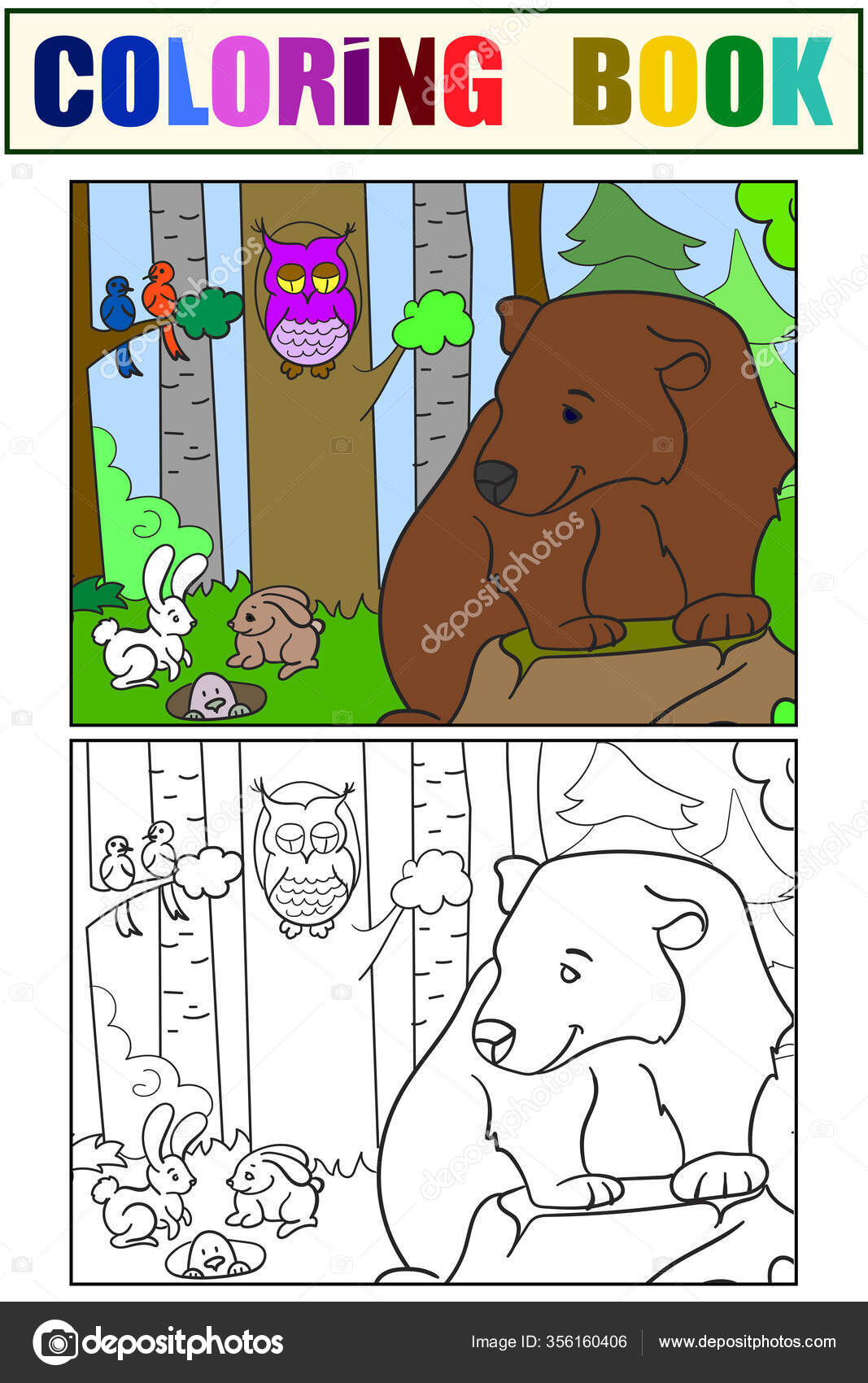 Colorful and coloring picture, animals in the forest. Bear, rodents and ...