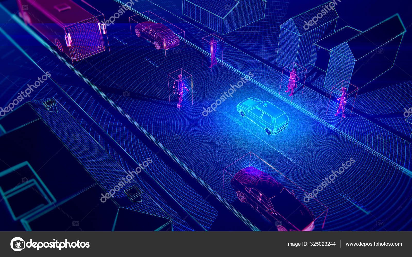 Blue driverless transport on street with other cars and objects ...