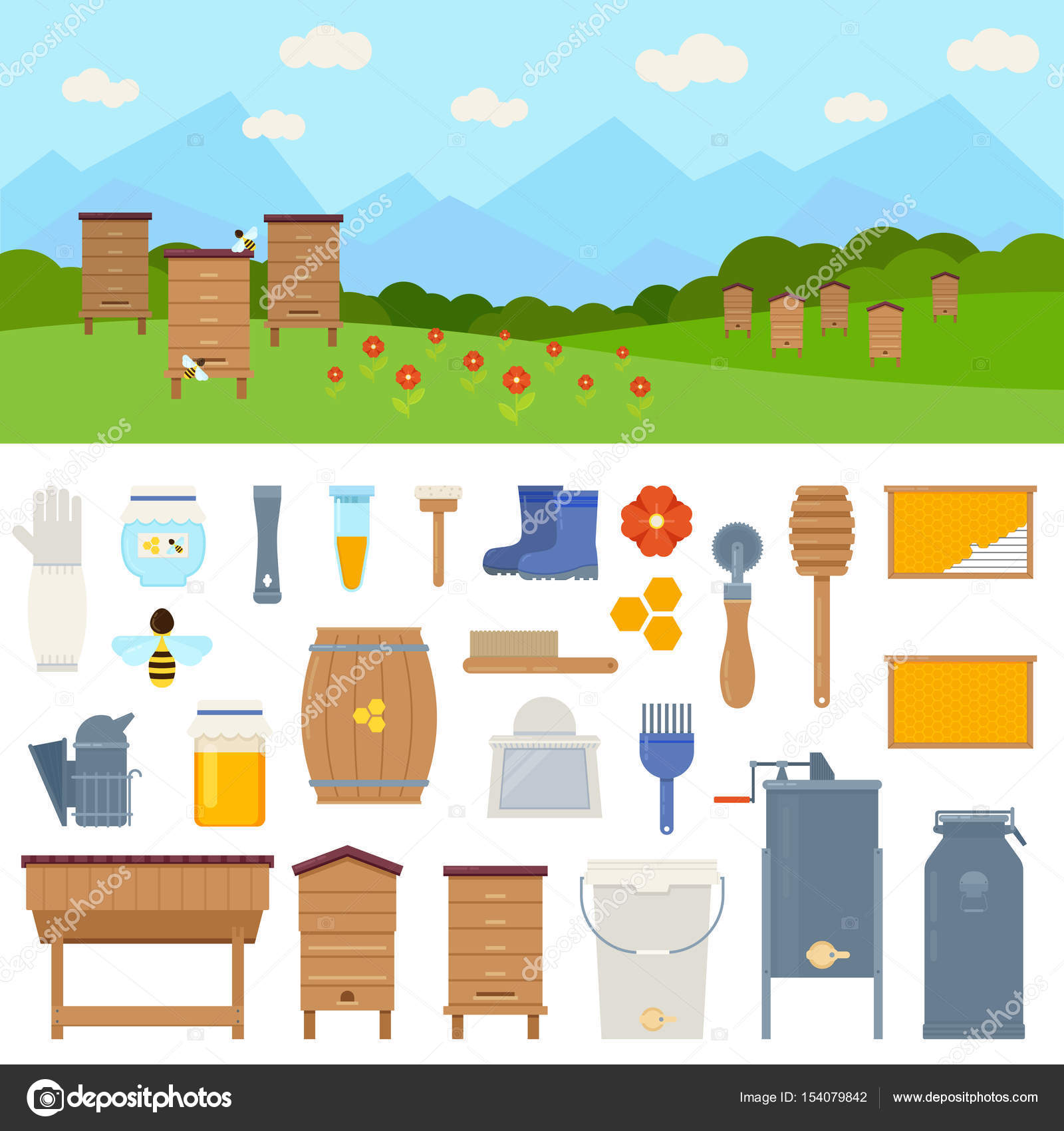 Apiary Vector Flat Illustrations Beekeeping Elements Wooden Hive Honey Bees Stock Vector by ...