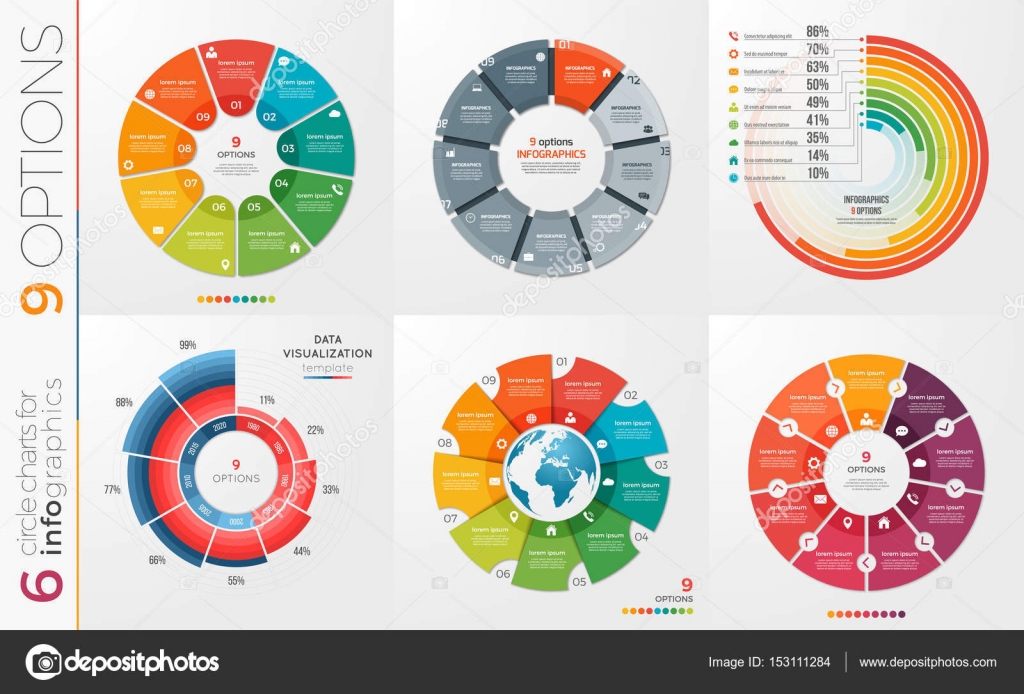 Collection of 6 vector circle chart templates 9 options. — Stock Vector ...