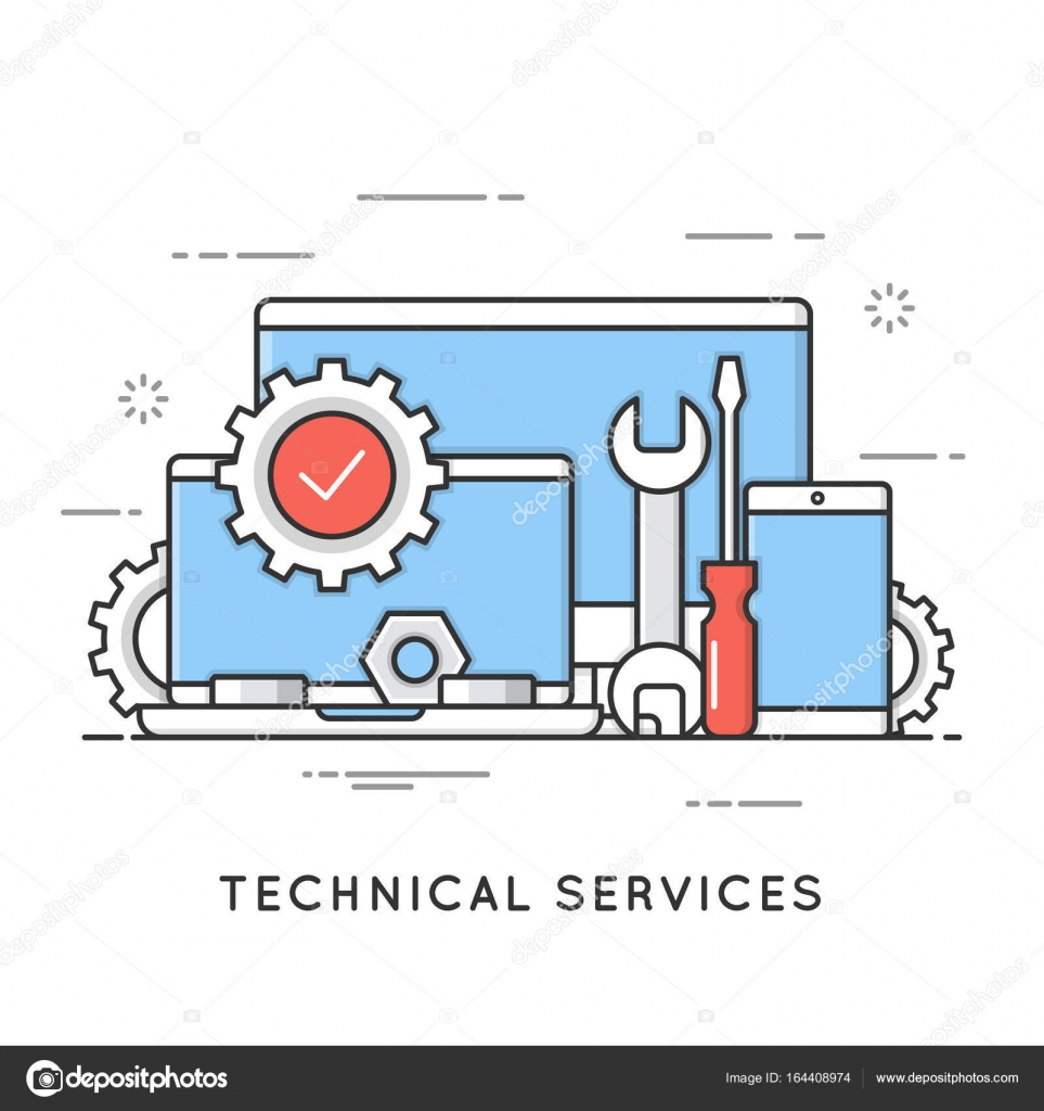 Technical services, computer repair, support. Flat line art styl Stock ...