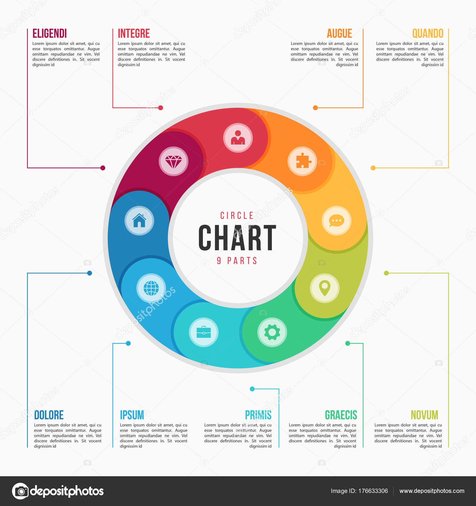 Circle chart infographic template with 9 parts, processes, steps Stock ...