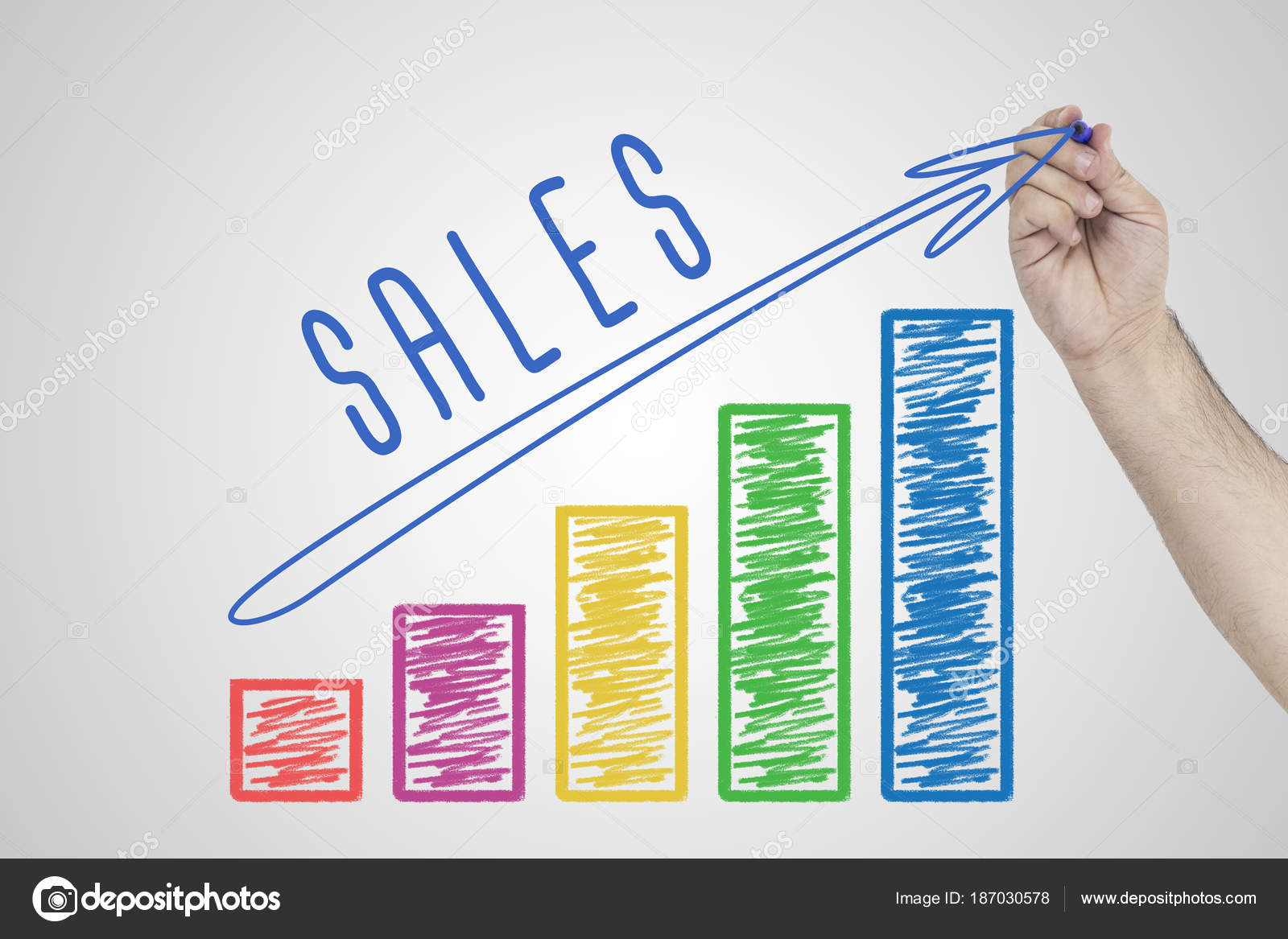 Desempenho de vendas. Desenho à mão Gráfico de negócios crescente ...