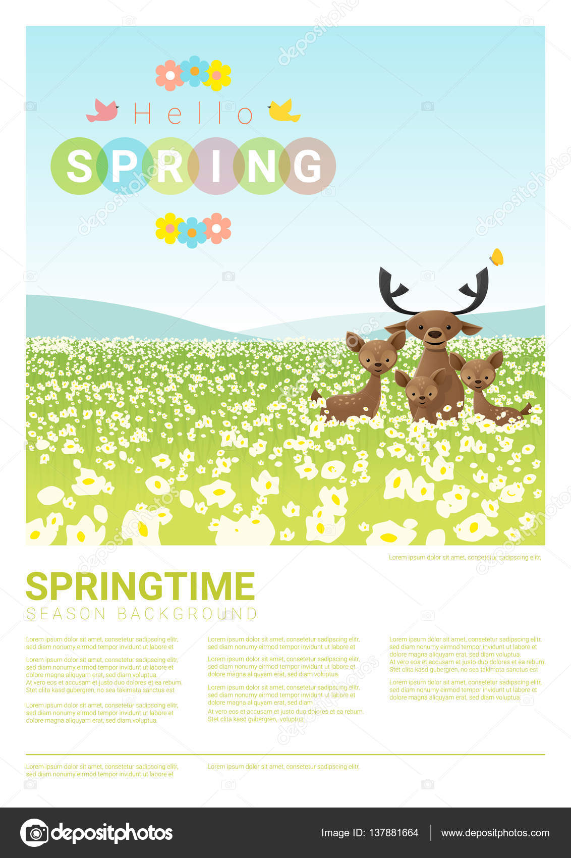 Hello spring landscape background with deer family , vector ...