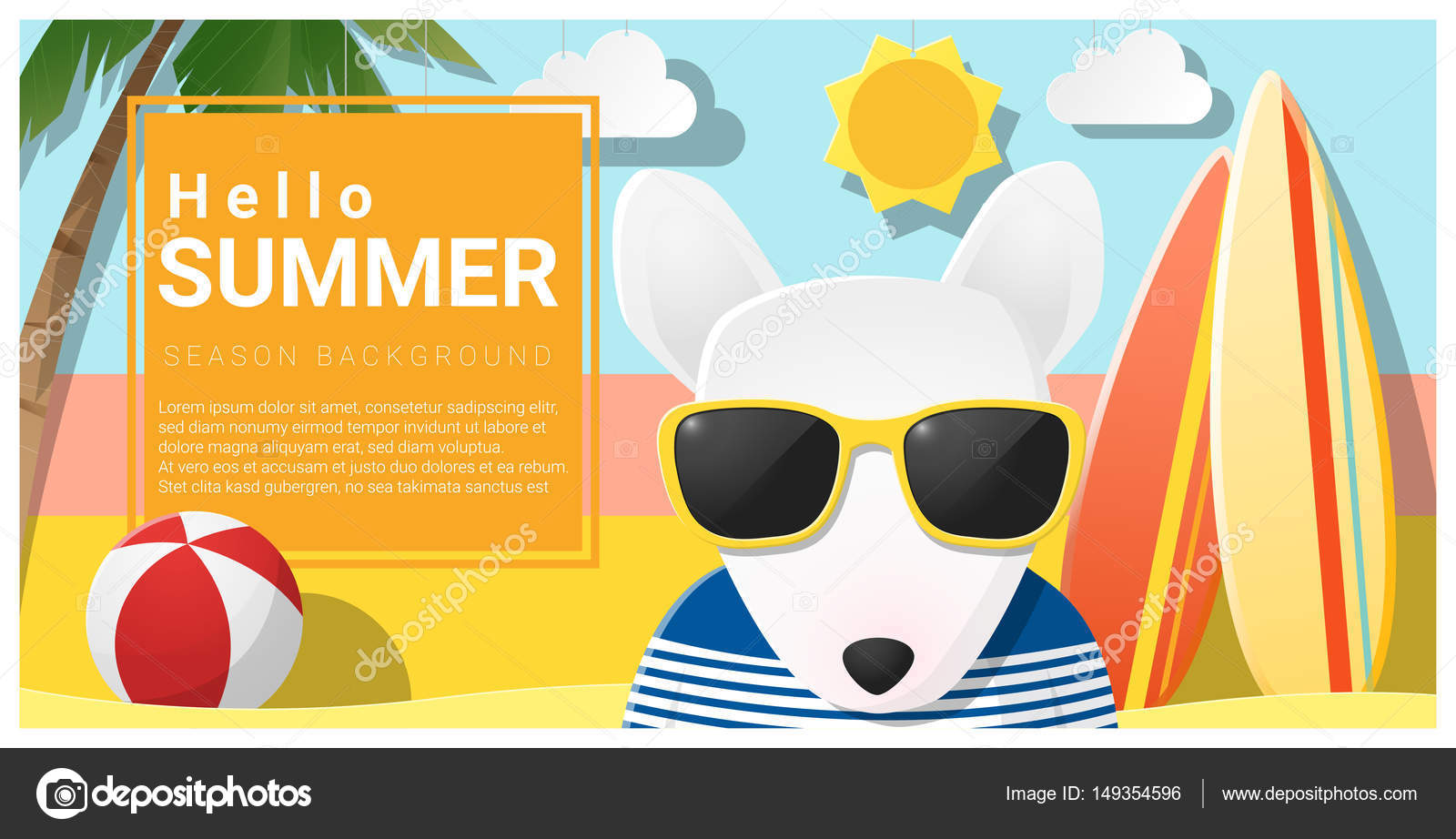 Hello summer background with dog wearing sunglasses , vector ...
